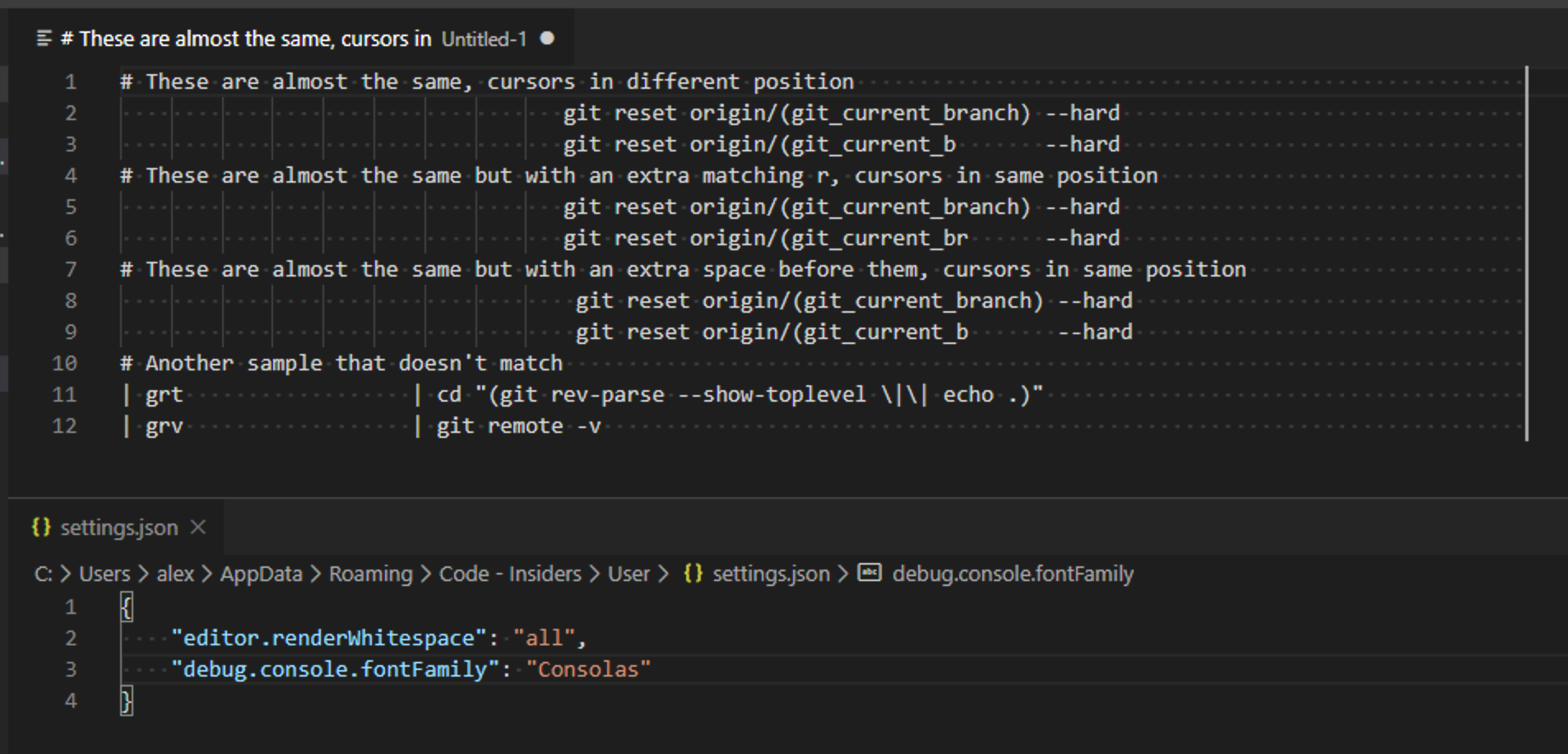 Multicursors aren't rendered perfectly straight when whitespace render ...