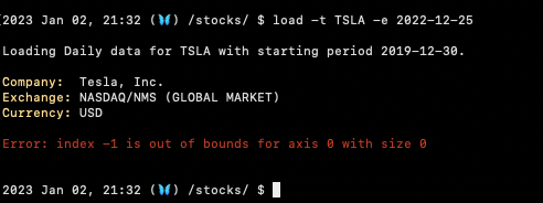 [Bug] Loading a stock fails with: Error: index -1 is out of bounds for axis 0 with size 0 ...