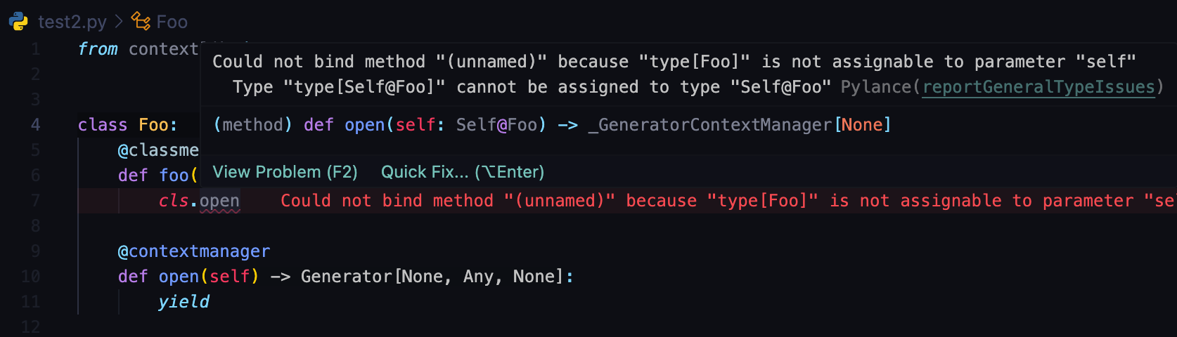 Unable To Bind Contextmanager Methods Inside Classmethods · Issue 5530 · Microsoftpyright · Github 
