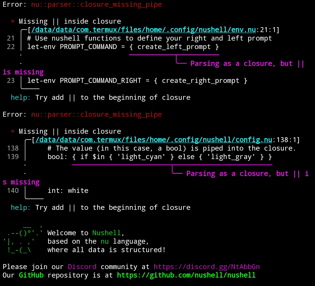 Closure Error In Config Files When Starting Nushell · Issue 8827 · Nushell Nushell · Github