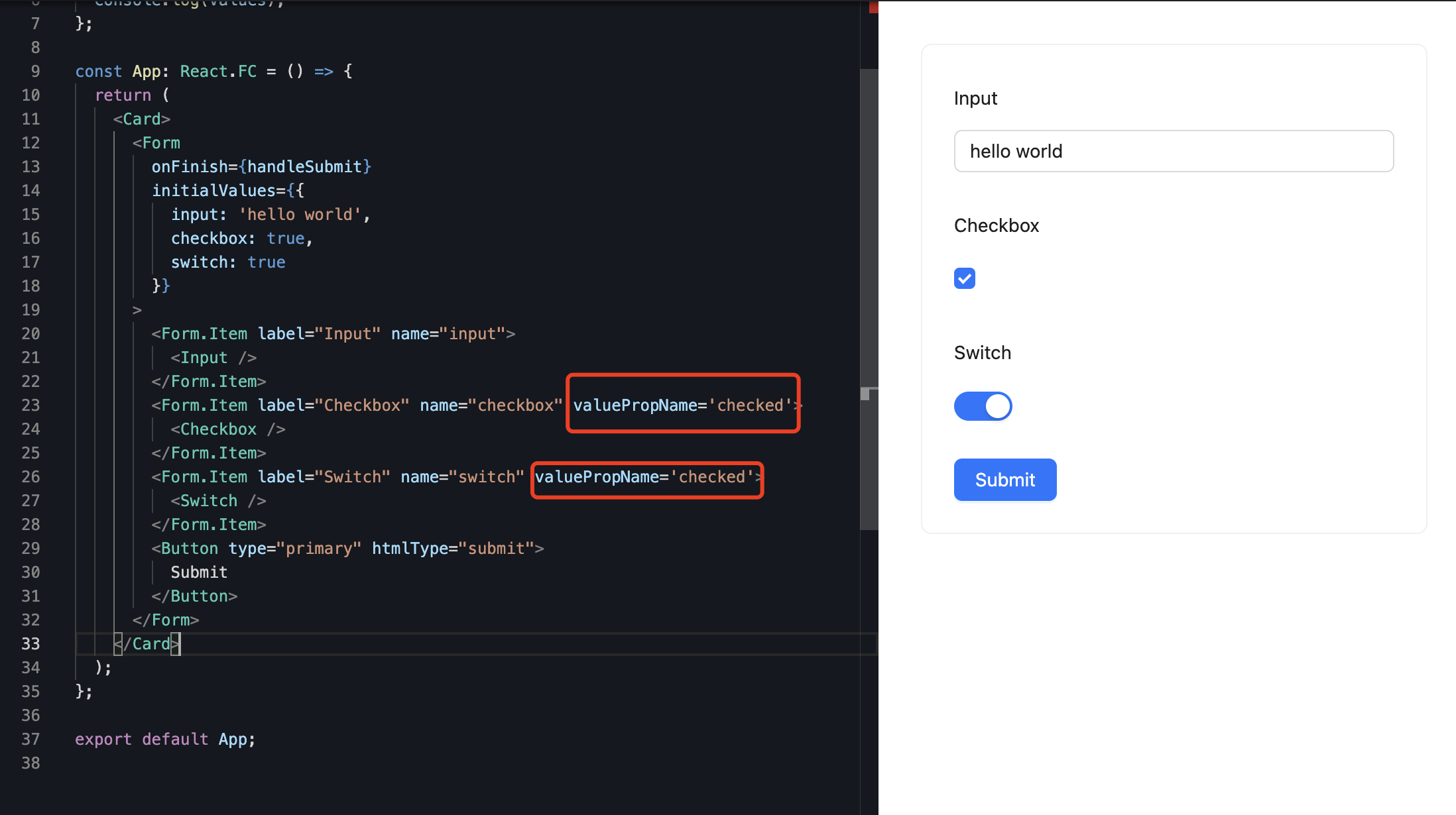 Initial Values for `Checkbox` and `Switch` do not render `truthy` inside of `Form` component ...