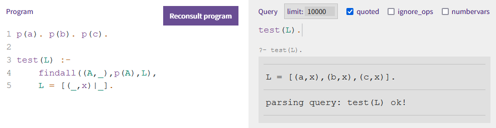 Unexpected result with findall/3 · Issue #285 · tau-prolog/tau-prolog · GitHub
