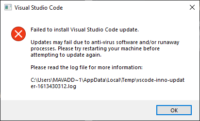 On Update, getting error "Unable to write program user data. Please make sure the following ...