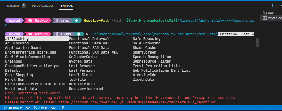 Exception thrown in stout VS Code Integrated Console right arrow while looking at autocomplete ...