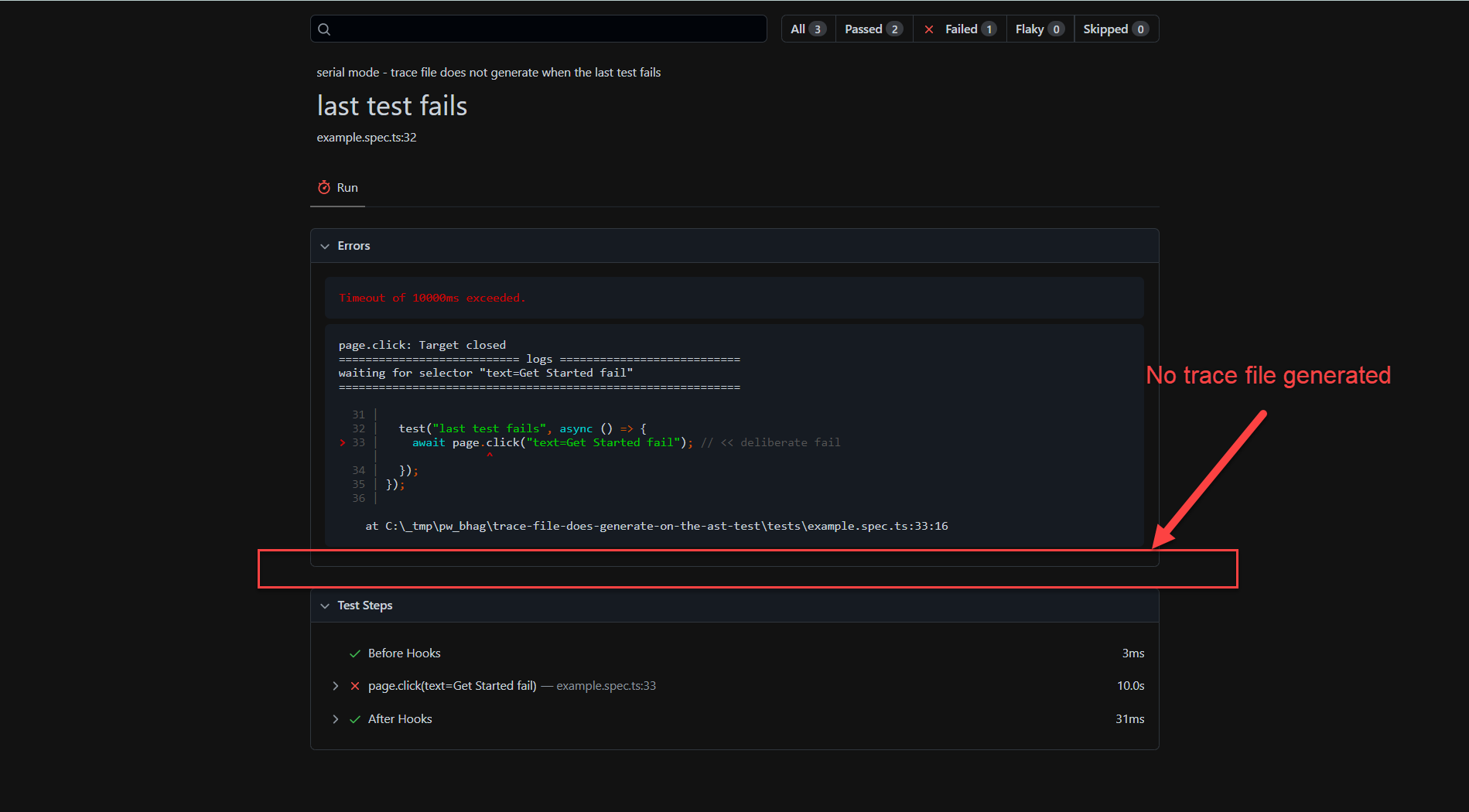 Bug Trace File Is Not Generated When The Last Test Fails In Serial Mode · Issue 14773