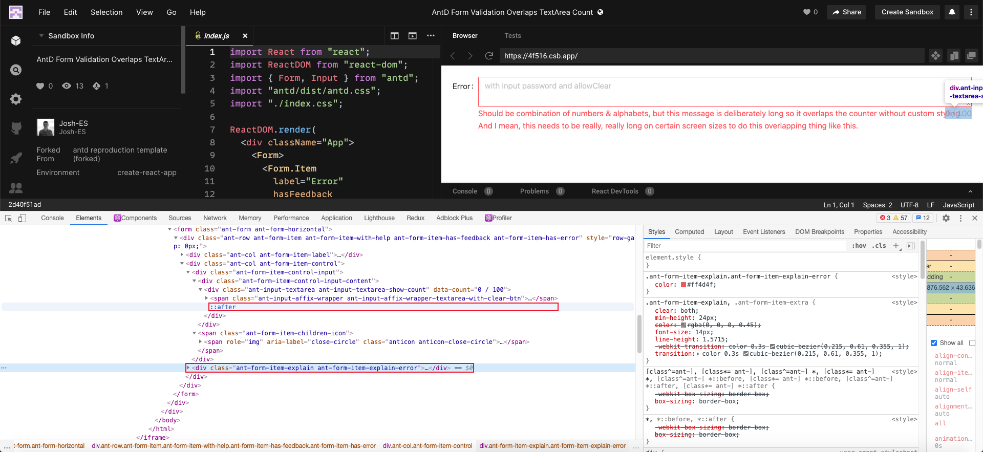 Form validation error overlaps TextArea count · Issue #29709 · ant-design/ant-design · GitHub