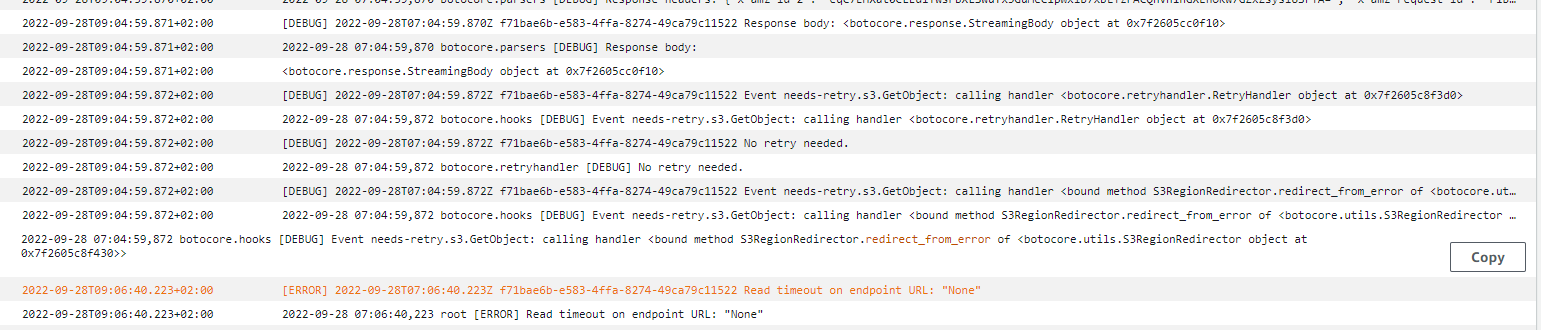 boto streaming_body.iter_lines() results in root [ERROR] Read timeout on endpoint URL: "None ...