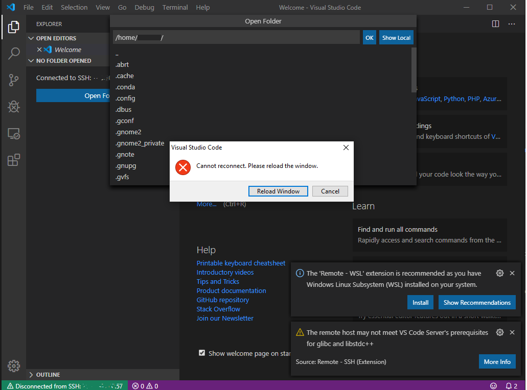 Ssh Extention Cannot Reconnect Please Reload Window When Running On Centos 6 With Custom Glib 