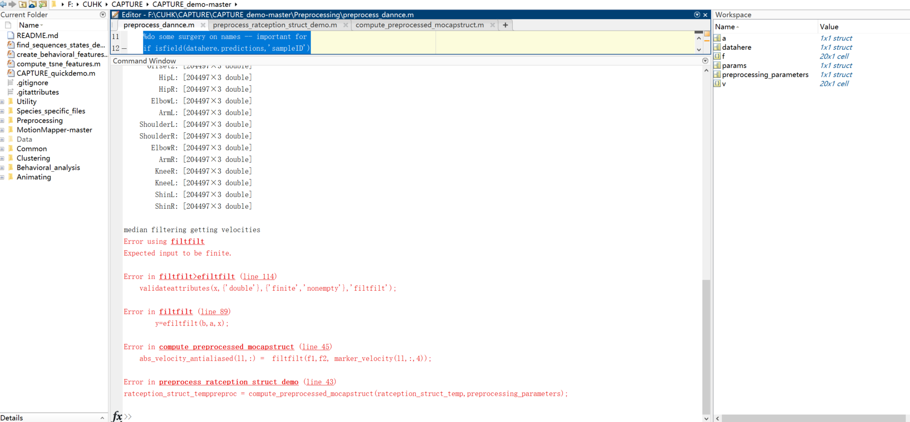 error when run preprocess_dannce.m · Issue #3 · jessedmarshall/CAPTURE_demo · GitHub