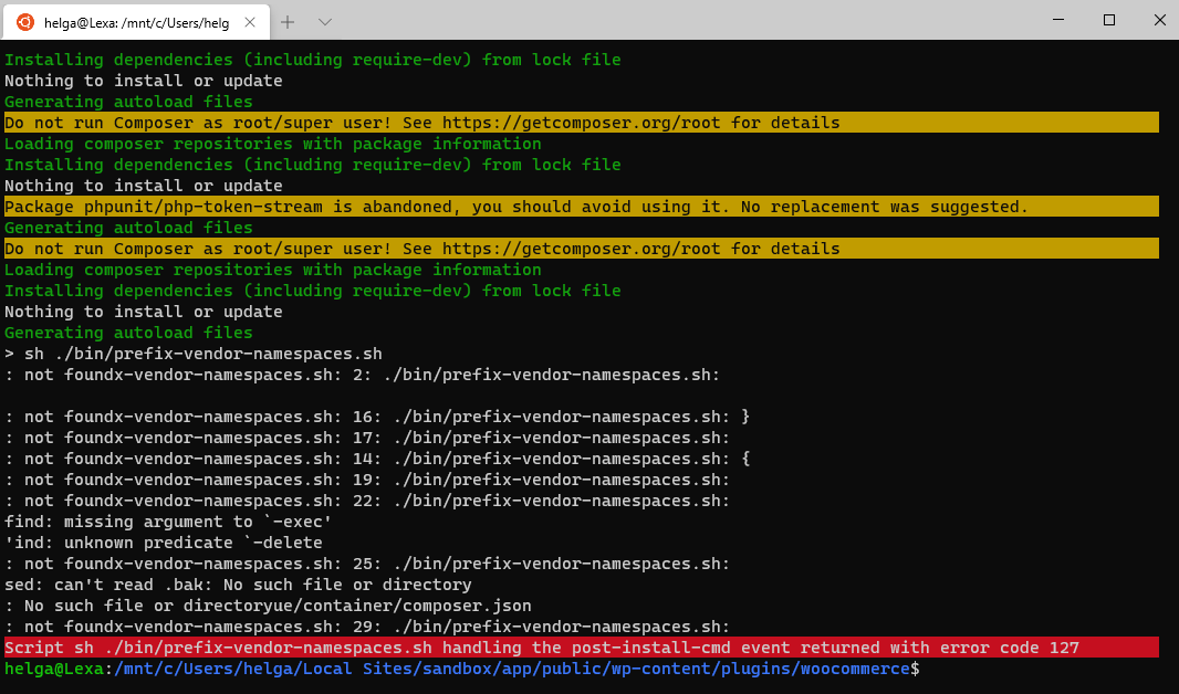 Script sh ./bin/prefix-vendor-namespaces.sh handling the post-install-cmd event returned with ...