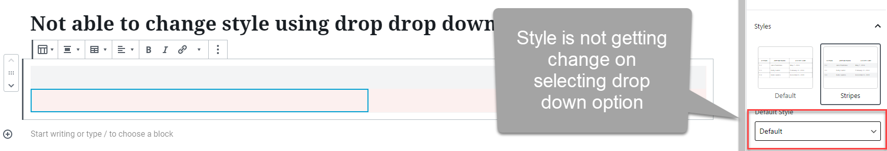 Gutenberg Table Block_User not able to change table display design using drop down selecting ...