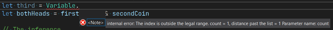 Infer.NET F# client code causes Intellisense to show "internal error: the index is outside of ...