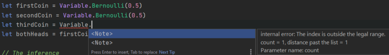 Infer.NET F# client code causes Intellisense to show "internal error: the index is outside of ...