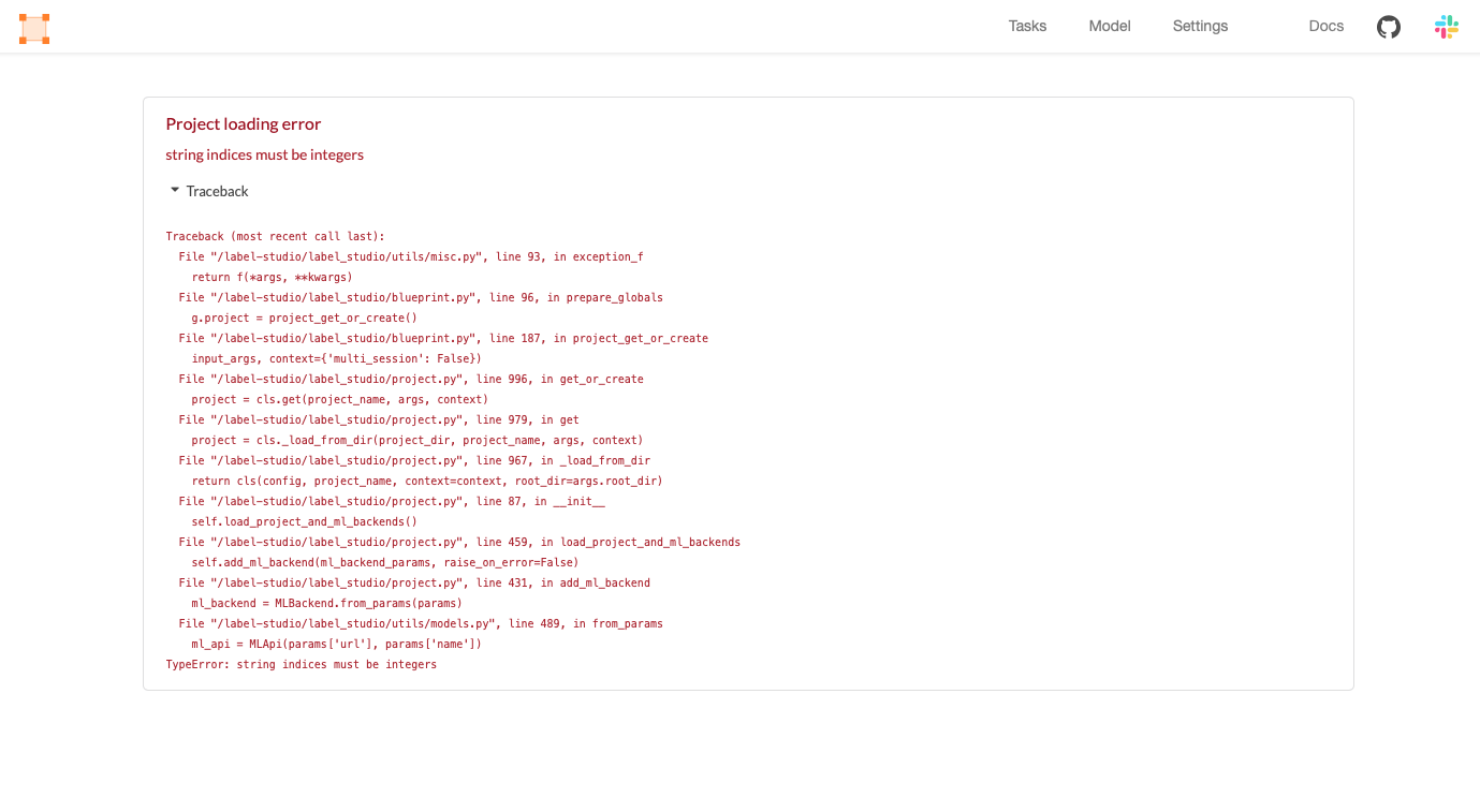 Project loading error: string indices must be integers · Issue #597 · HumanSignal/label-studio ...