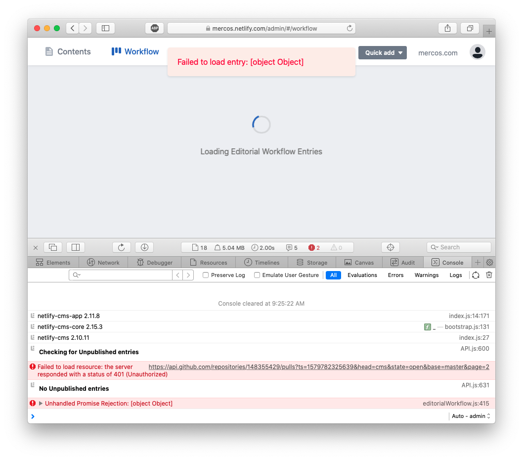 Workflow doesn't load when integrated with GitHub · Issue #3129 · decaporg/decap-cms · GitHub