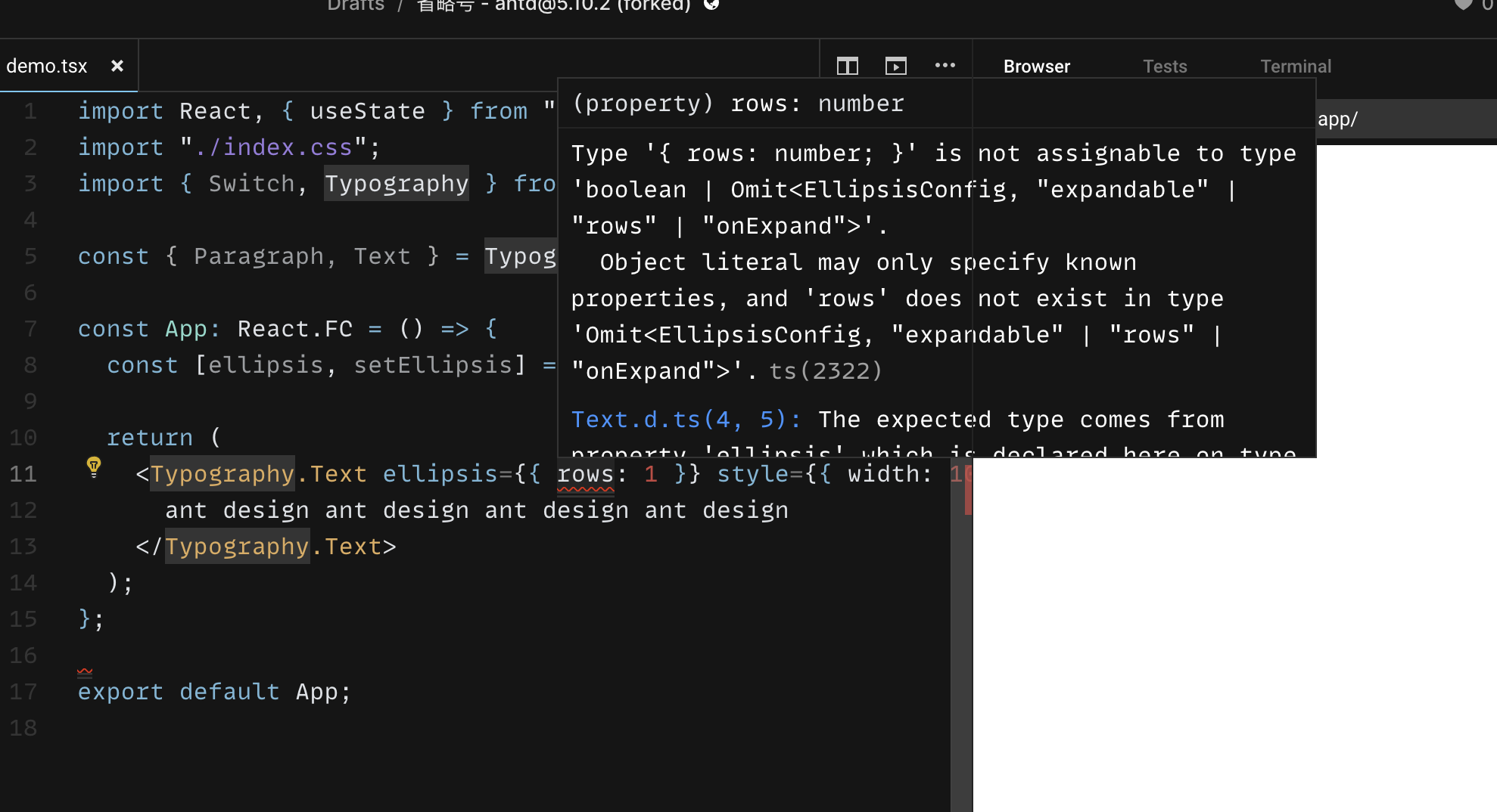 Typography missing type of ellipsis={{ rows: 1 }} · Issue #45511 · ant-design/ant-design · GitHub
