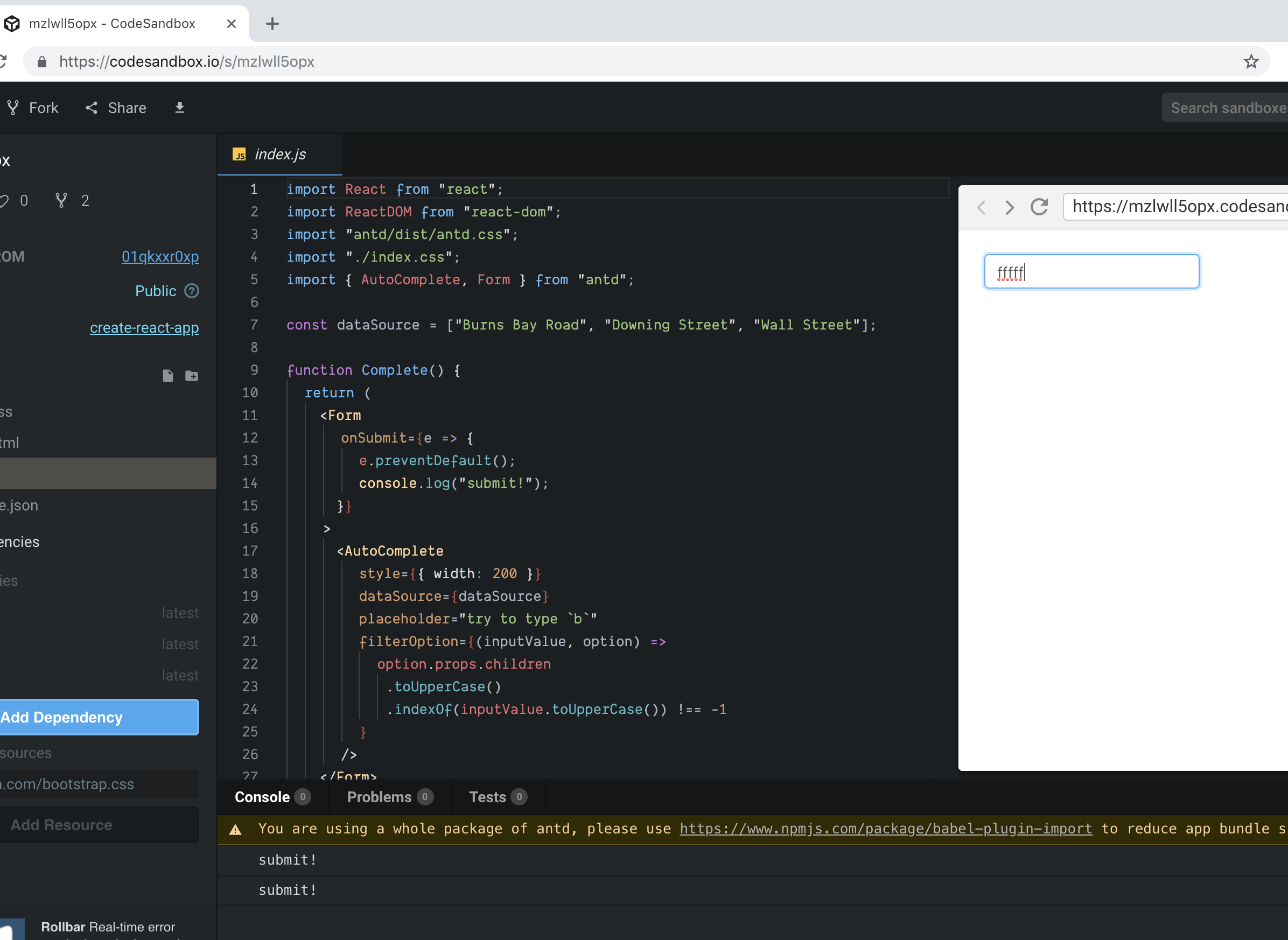 Use Autocomplete In Form Onsubmit Is Not Working · Issue 13195 · Ant Designant Design · Github 
