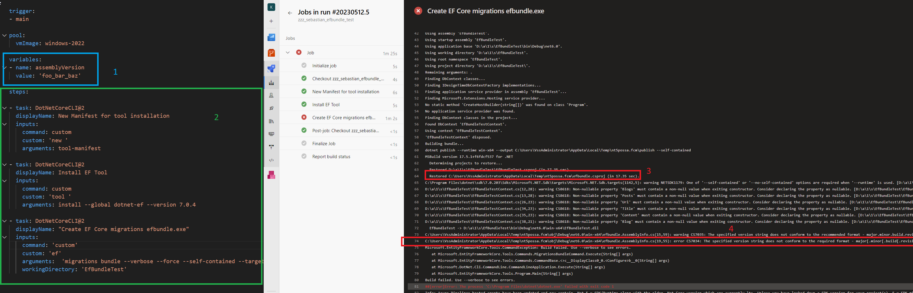 Azure Pipeline, dotnet ef migrations bundle, fails when 'assemblyVersion' defined · Issue #30879 ...