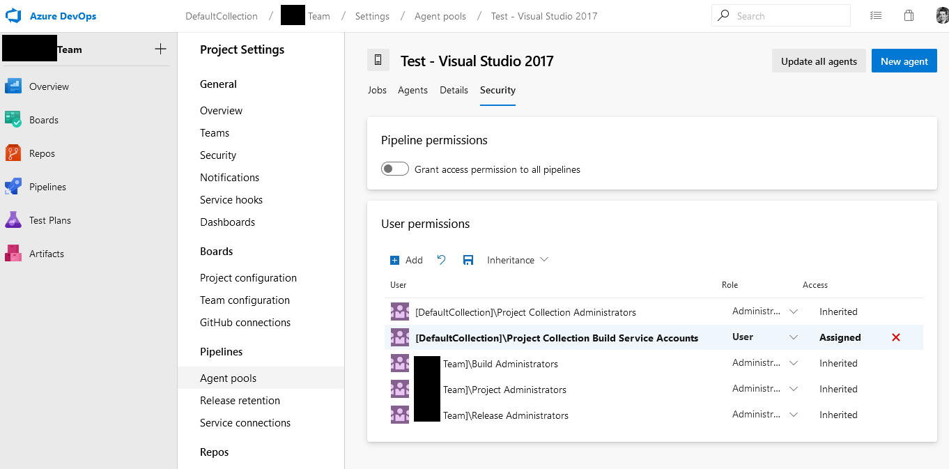 Error: Access denied. Project Collection Build Service (DefaultCollection) needs Use permissions ...