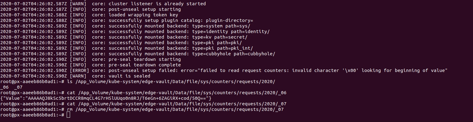Unable to unseal vault, API failed with failed to read request counters ...