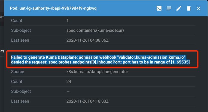 Kuma service mesh where the sidecar throwing exception [Failed to generate Kuma Dataplane ...
