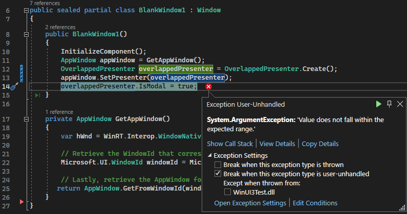 System.ArgumentException when OverlappedPresenter.IsModal is set to "true" · Issue #3258 ...