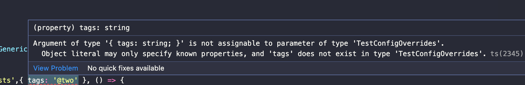 Argument of type '{ tags: string; }' is not assignable to parameter of ...