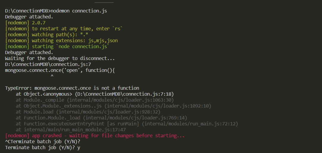 [nodemon] app crashed - waiting for file changes before starting ...