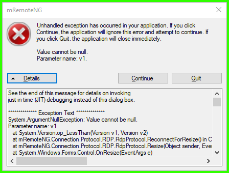 Unhandled Exception - Value cannot be null. Parameter v1. · Issue #1944 · mRemoteNG/mRemoteNG ...