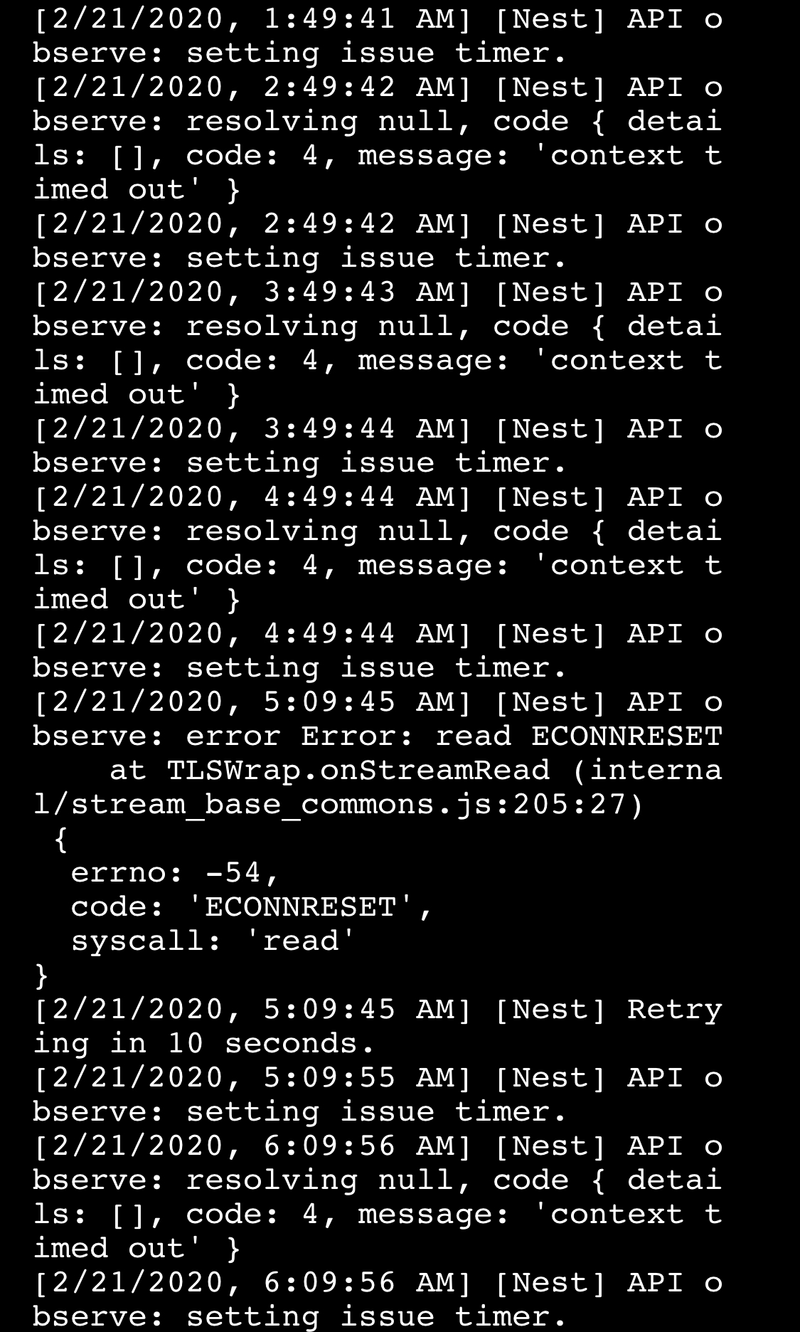 API observe: error Error: read ECONNRESET · Issue #213 · chrisjshull/homebridge-nest · GitHub