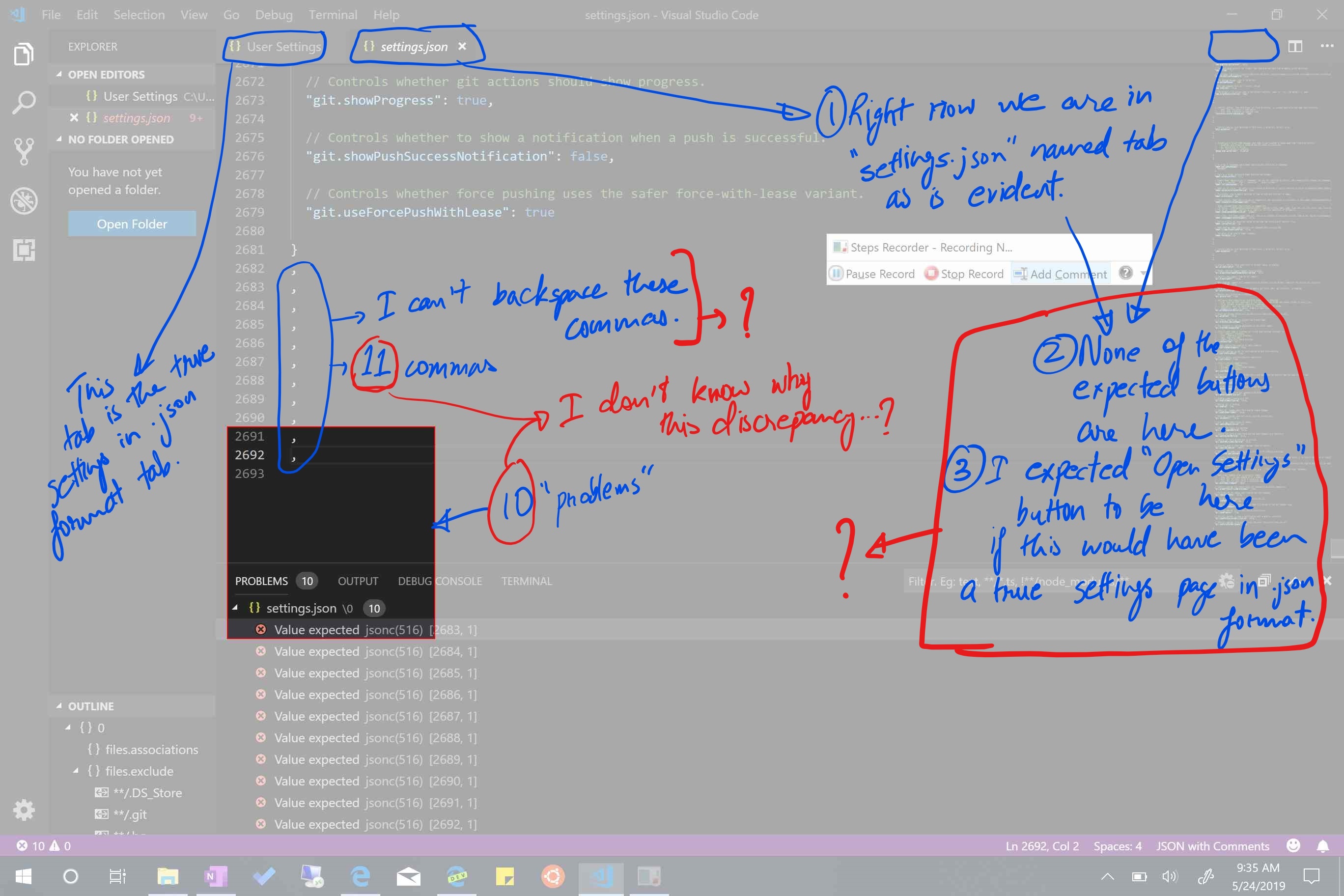 Weird bug in settings.json that adds commas in newlines when changing tab to User Settings ...