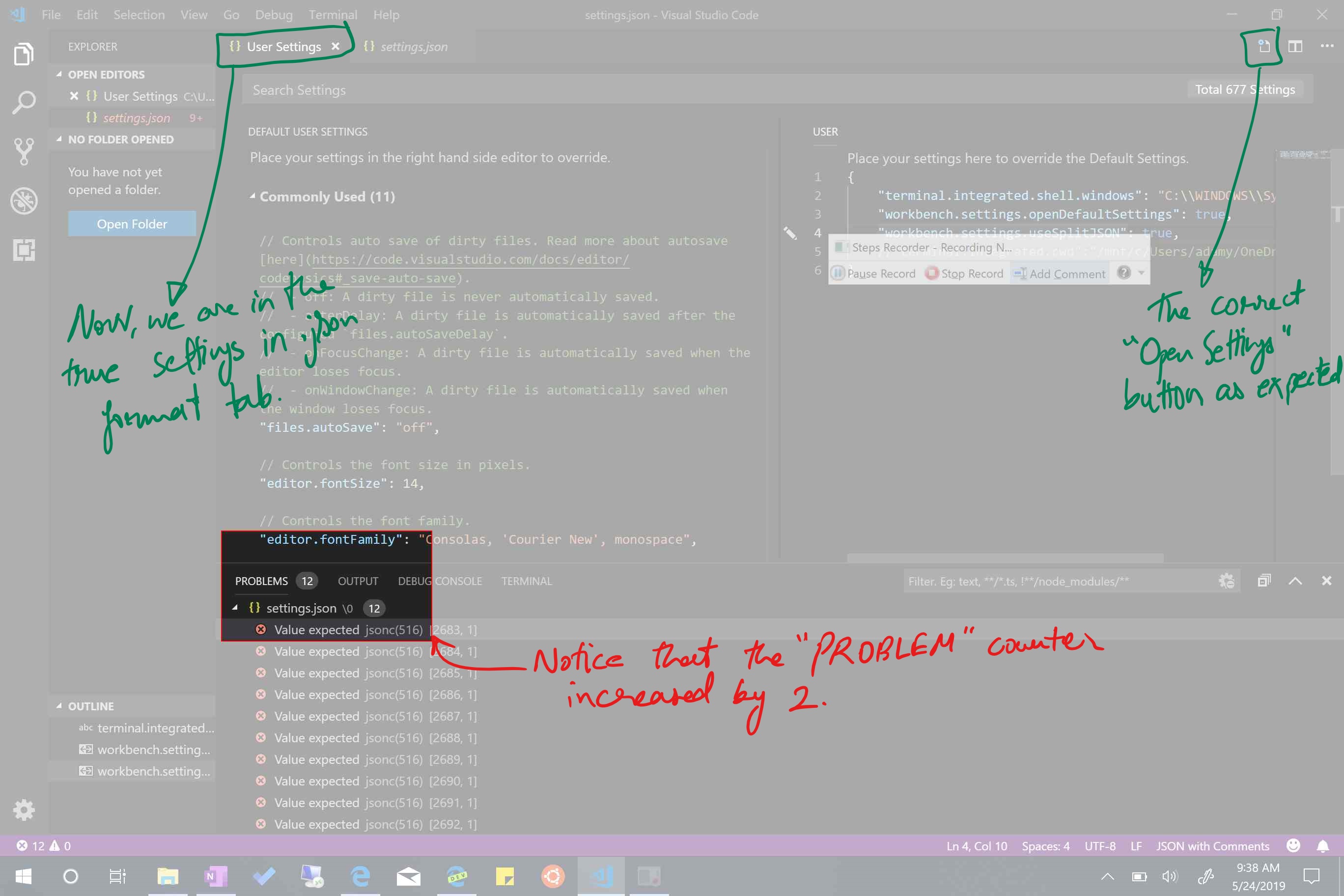 Weird bug in settings.json that adds commas in newlines when changing ...