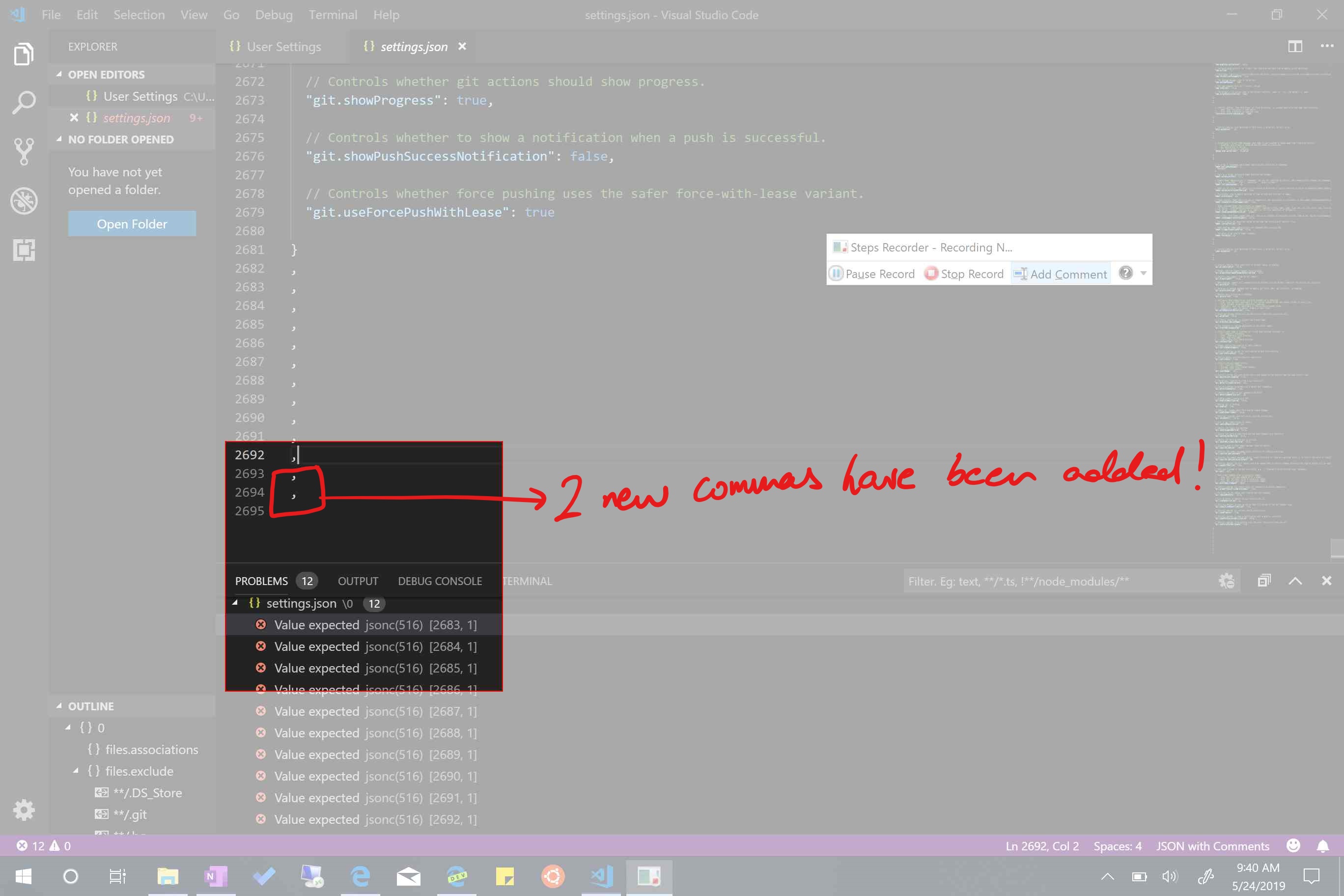 Weird bug in settings.json that adds commas in newlines when changing ...