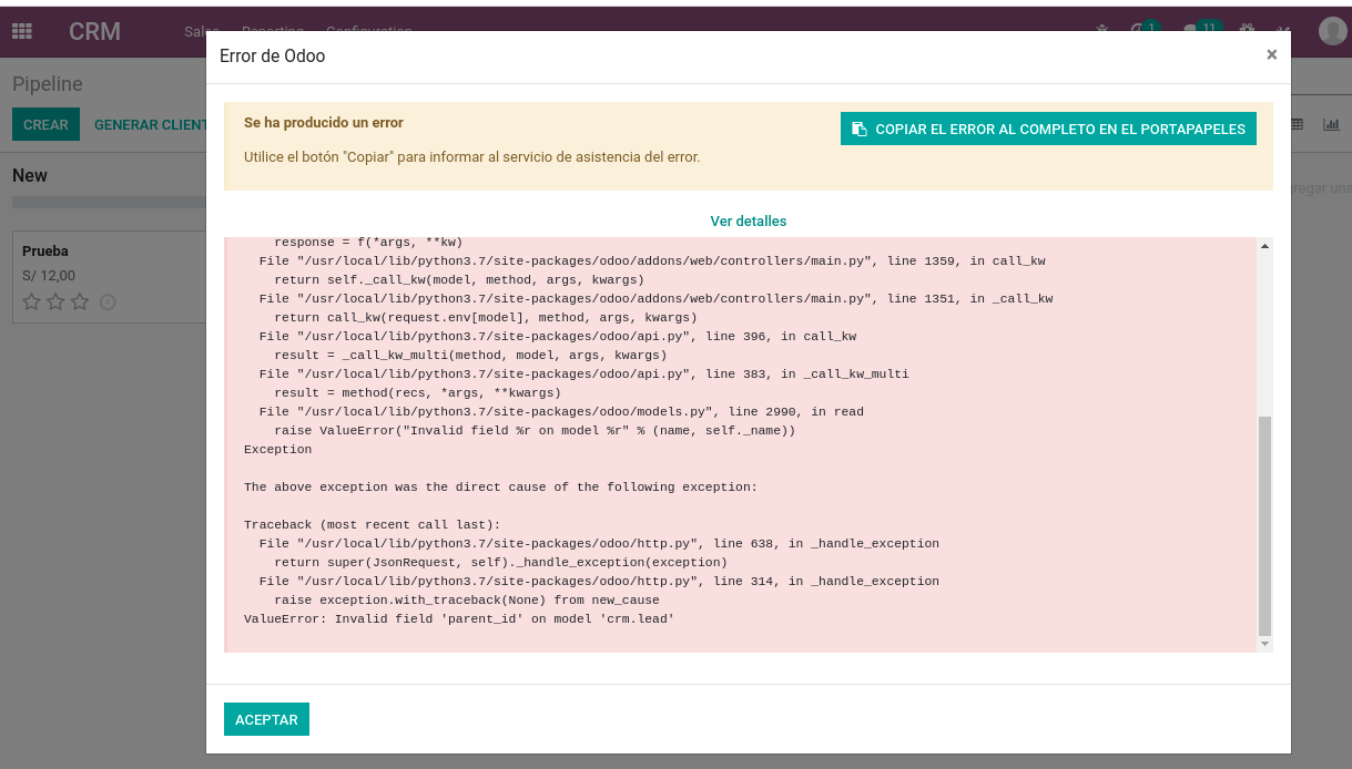 Invalid Field parent id On Model crm lead Issue 60223 Odoo