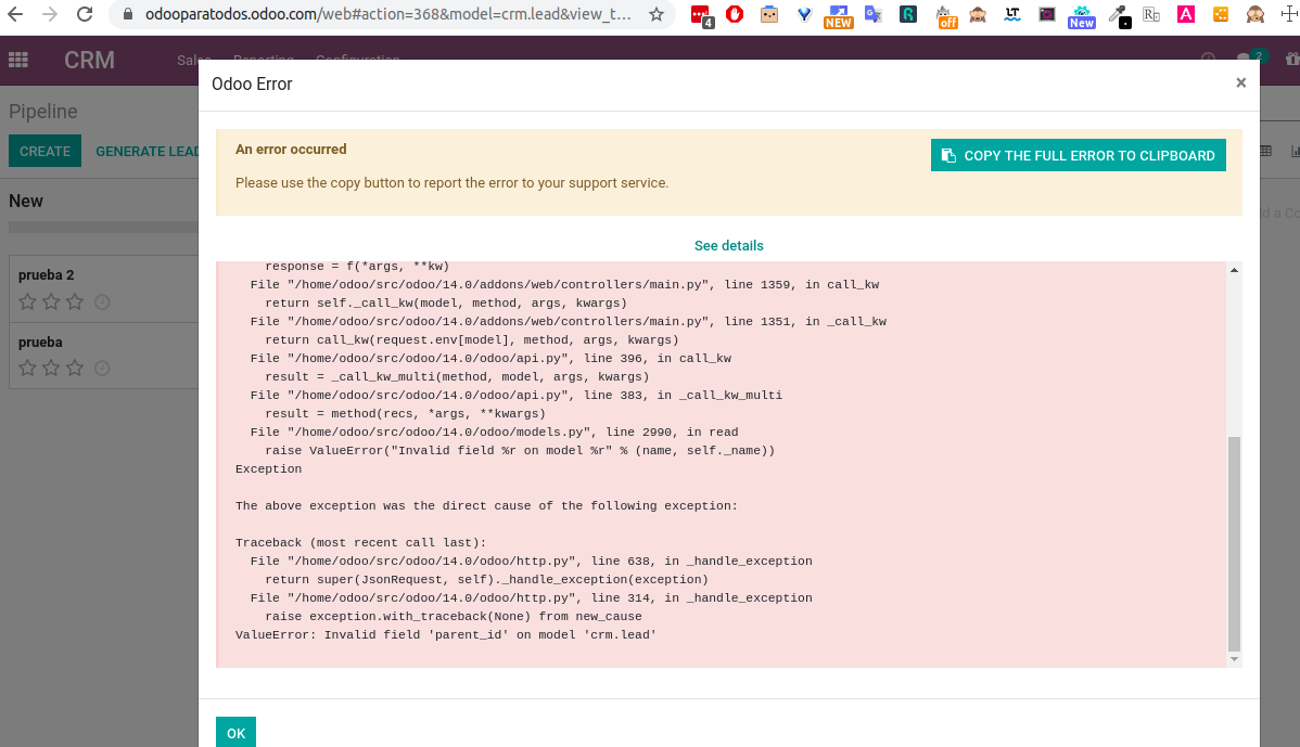 Invalid field 'parent_id' on model 'crm.lead' · Issue #60223 · odoo/odoo · GitHub