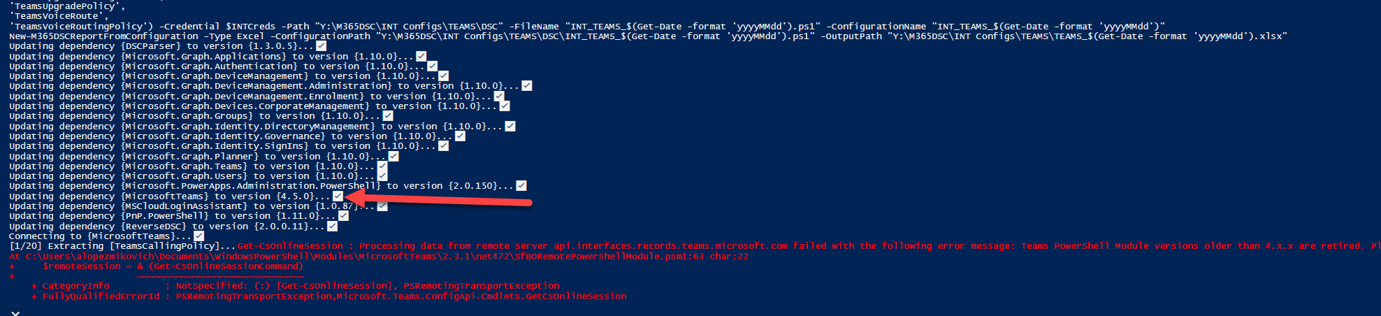 MS TEAMS: Unable to Export MS Teams Resource Configuration. Processing ...