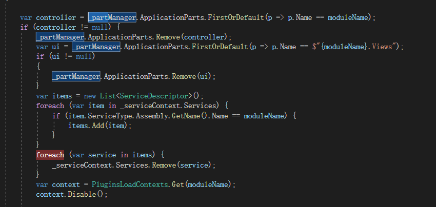 partManager.ApplicationParts.Remove,Releases the current assembly ...