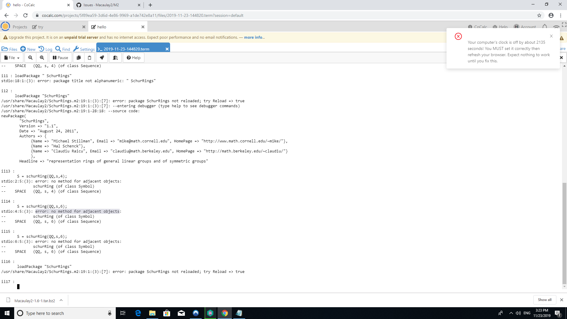 error when using schurring · Issue #1053 · Macaulay2/M2 · GitHub