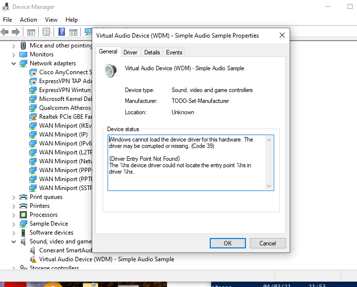 Failure loading SimpleAudioSample driver - driver entry point not found ...
