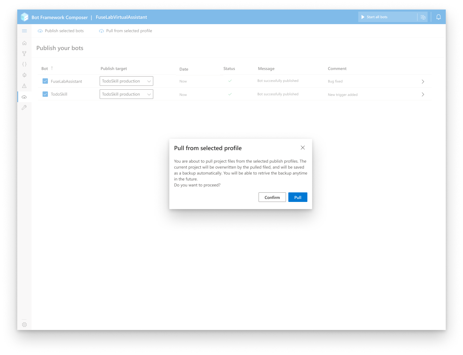 Add a confirmation modal when pulling from publish profiles · Issue ...