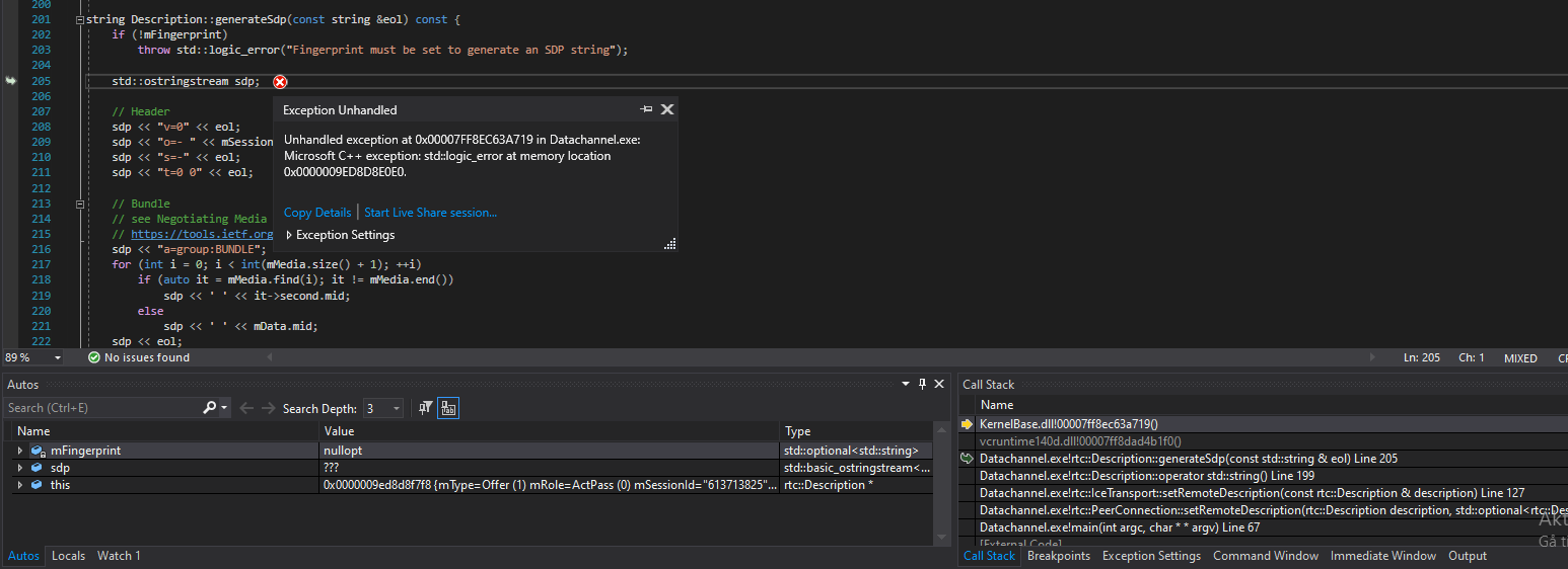 Calling setRemoteDescription() is crashing? · Issue #148 · paullouisageneau/libdatachannel · GitHub