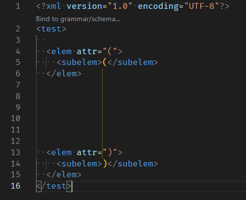 Unwanted bracket matching guidelines appear if you have () or {} inside xml element content ...