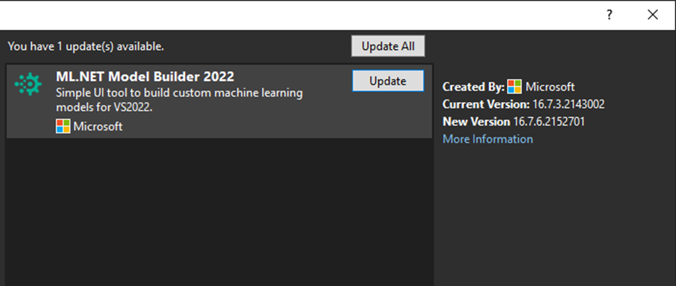 Version repetitive ML.Net Model Builder 2022 updates of the same ...