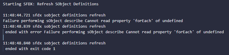 SFDX: Refresh SObject Definitions fails with "Cannot read property 'forEach' of undefined" on ...