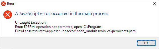 Uncaught exception: Error: EPERM: operation not permitted, open kubectl.exe due to `Lock file is ...