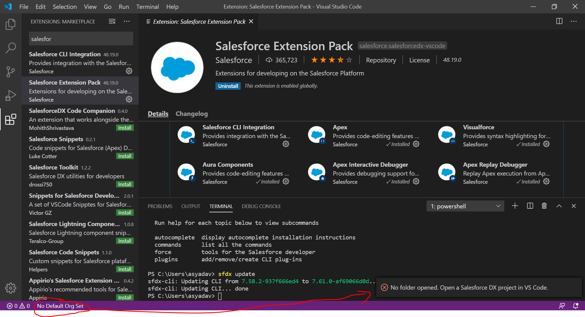 I am facing some issues in integration between salesforce and VS code, sfdx commands are not ...