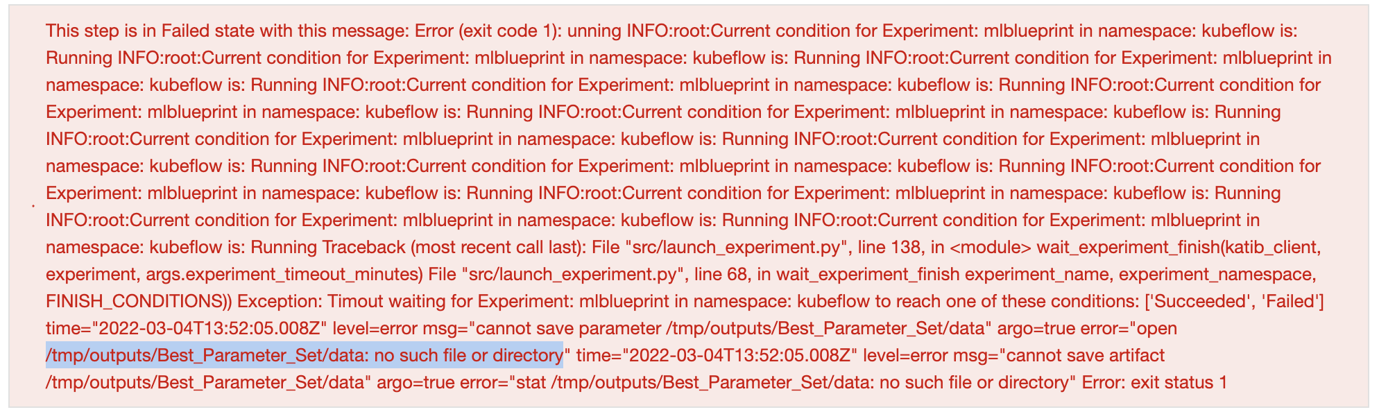 Kibana Experiment Error: "/tmp/outputs/Best_Parameter_Set/data: no such file or directory ...