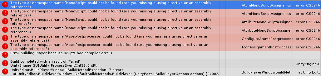 Build error 2019.1.5f1 - MonoScript, AssetPostprocessor could not be found; Canary branch ...