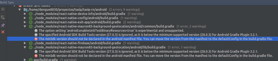The minSdk version should not be declared in the android manifest file.
