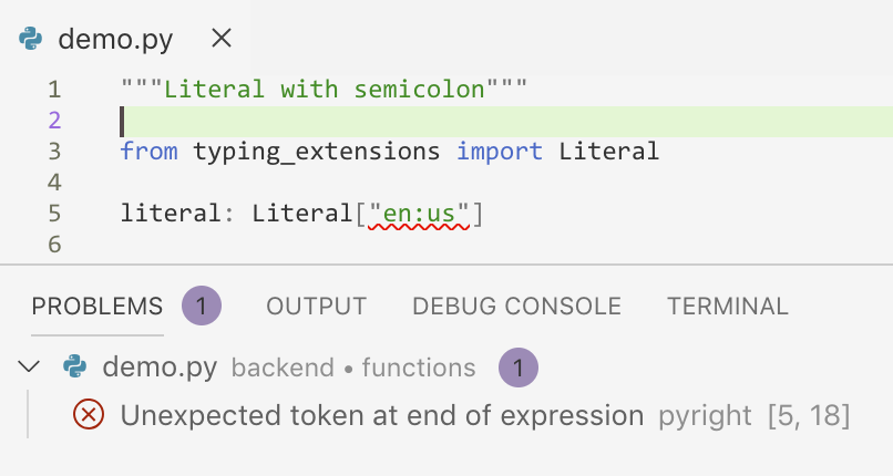 Colon inside a Literal value produces parsing error · Issue #257 · microsoft/pyright · GitHub